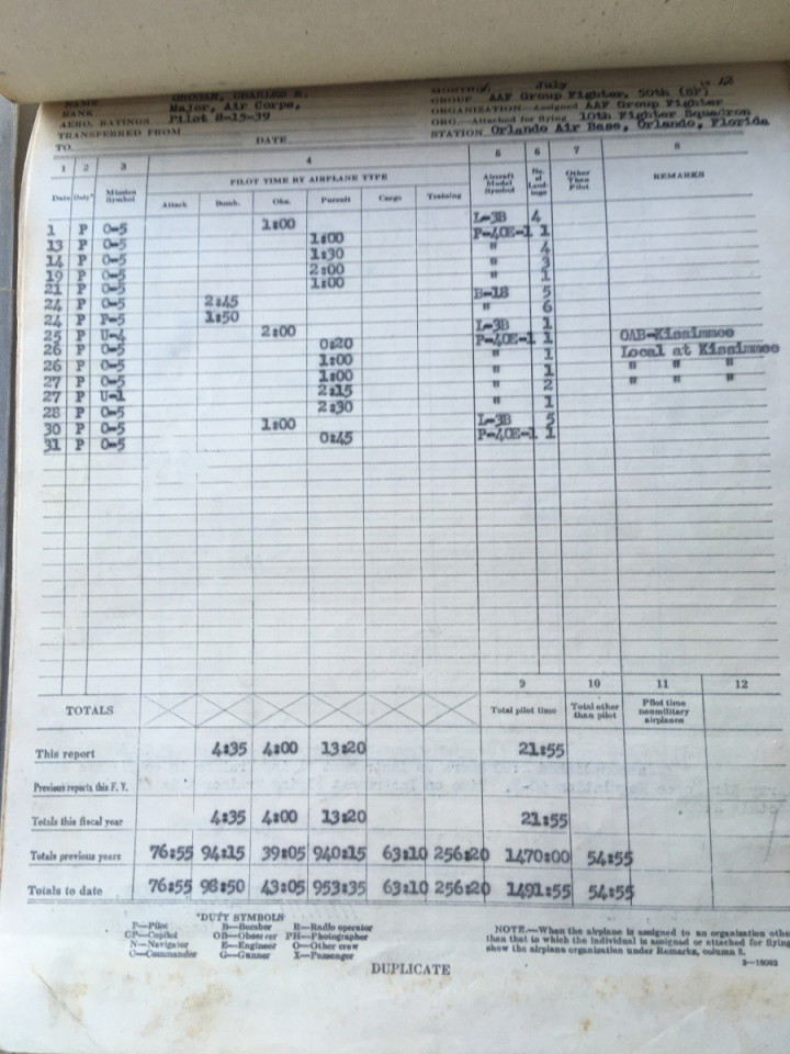 87th FS Charles Grogan flight logs - 79th Fighter Group